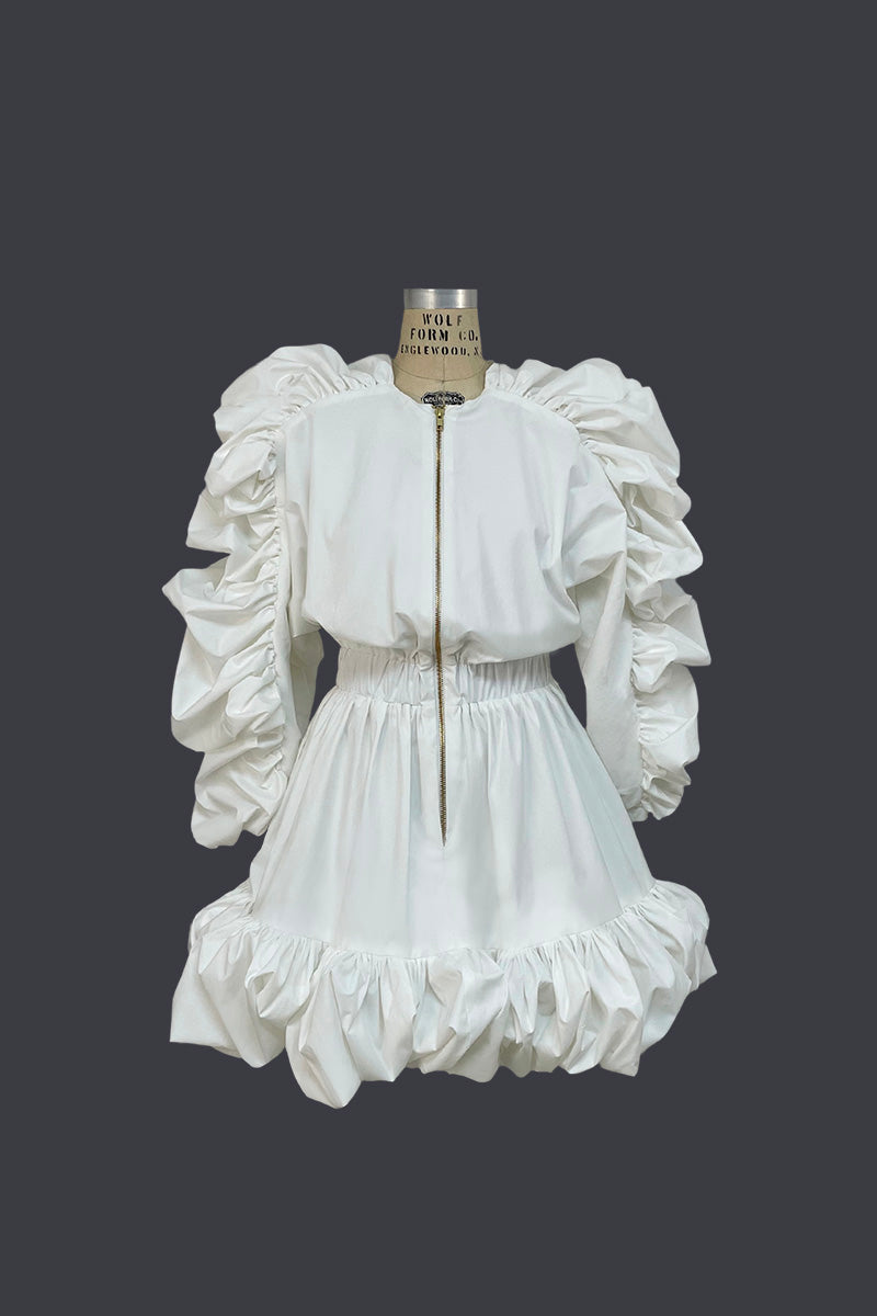 ELENA DRESS 3/4 SLEEVES SHORT SKIRT PUFFED SHOULDERS WHITE – VIPOP