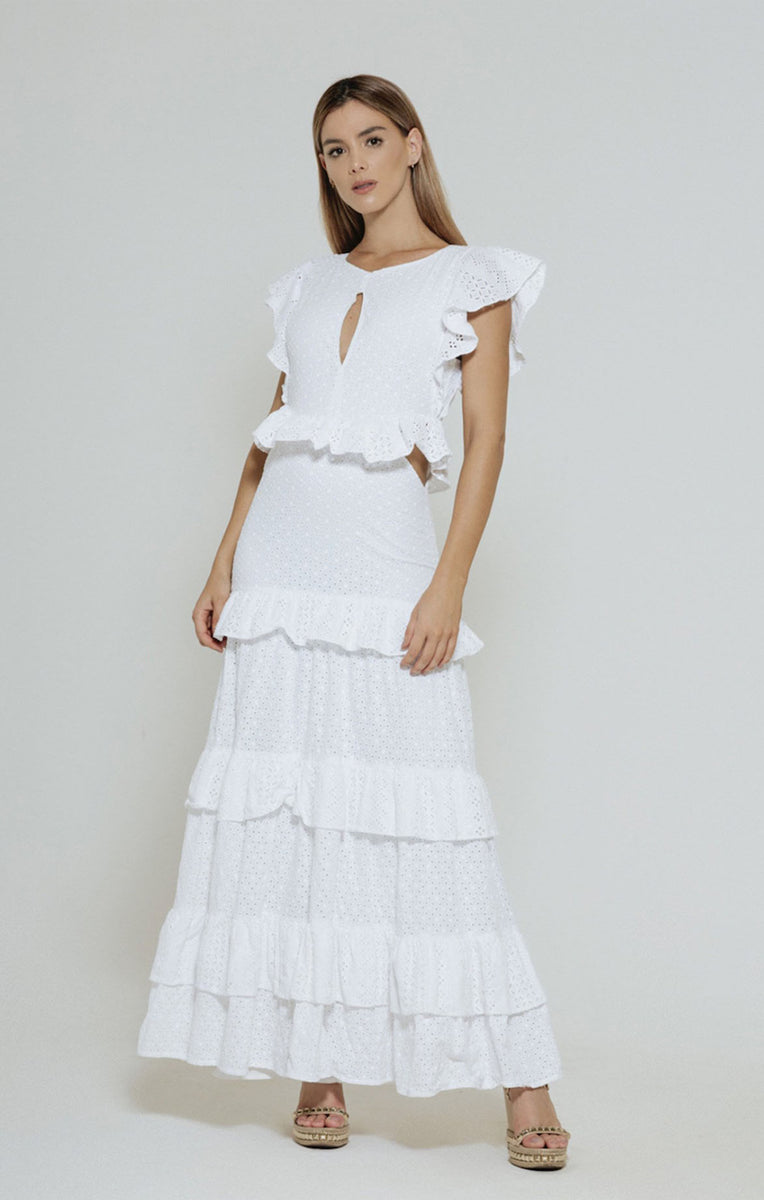 White Cotton Ruffles Maxi Dress – VIPOP